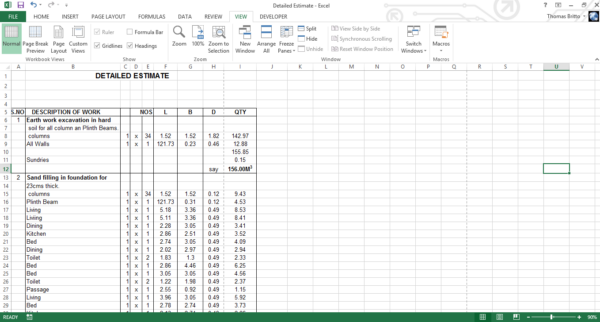 Sample Detailed Estimate Excel Sheet