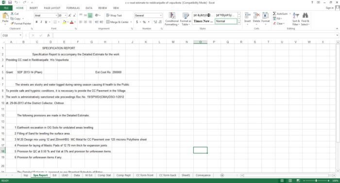 Road Estimate Excel Sheet