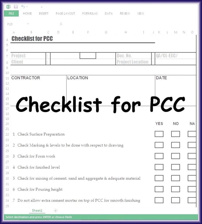 Checklist for PCC Excel Sheet