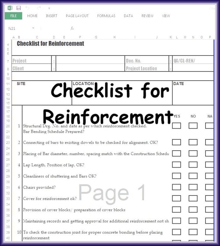 Checklist for Reinforcement Excel Sheet