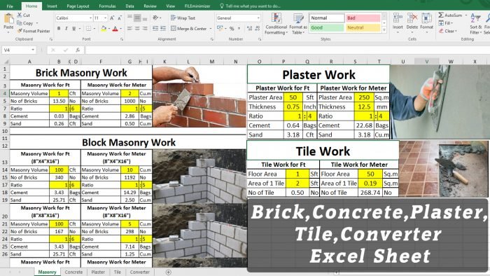 Brick,Concrete, Plaster,Tile,Converter Excel Sheet